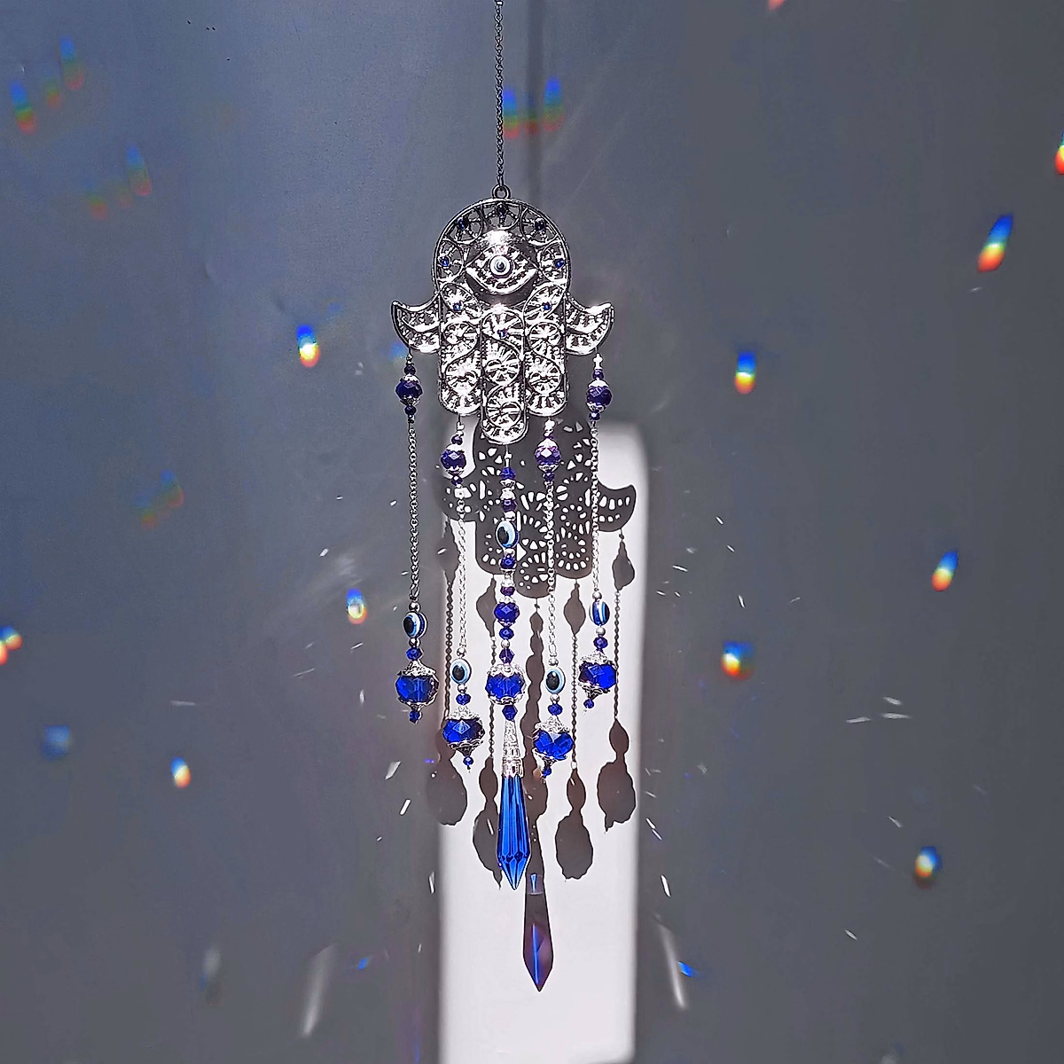 Crystal Prism Suncatcher Ornament with Hamsa Fatima Hand Protection Charm Turkish Greek Blue Evil Eye Sapphire Crystals Beads for Window Hanging Decoration