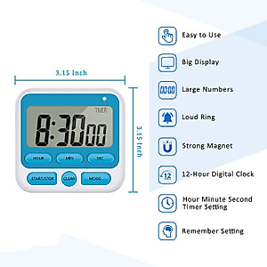 24-Hours Digital Kitchen Timer, Upgraded 12-Hour Display Clock, Big Digits, Loud Alarm, Magnetic Backing Stand, Count-Up & Count Down, Kids Timers for Cooking Baking Classroom Teachers Games(4 Pack)