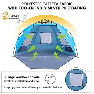 ALPHA CAMP Instant Beach Sunshade Pop Up Sun Shelter Tent, UV Protection with 3 Ventilating Windows, Extended Zippered Porch Included