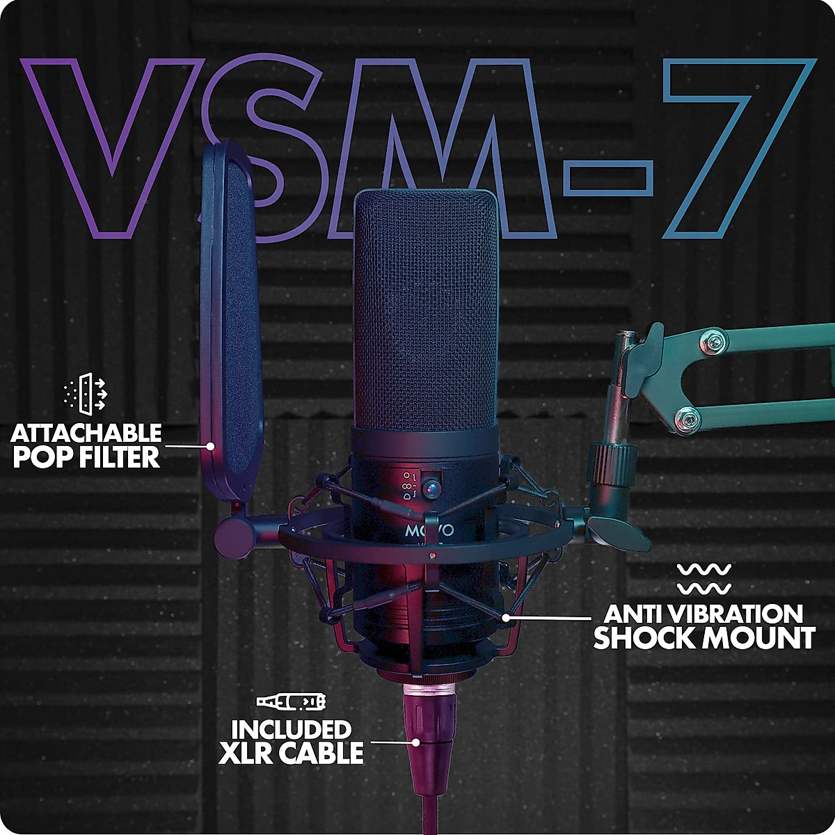 Movo VSM-7 Large Diaphragm, Multi-Pattern Studio Condenser Microphone with Shock Mount, Pop Filter, and XLR Cable - Studio Microphone for Music, Vocals, Podcasting, Gaming, Streaming and More