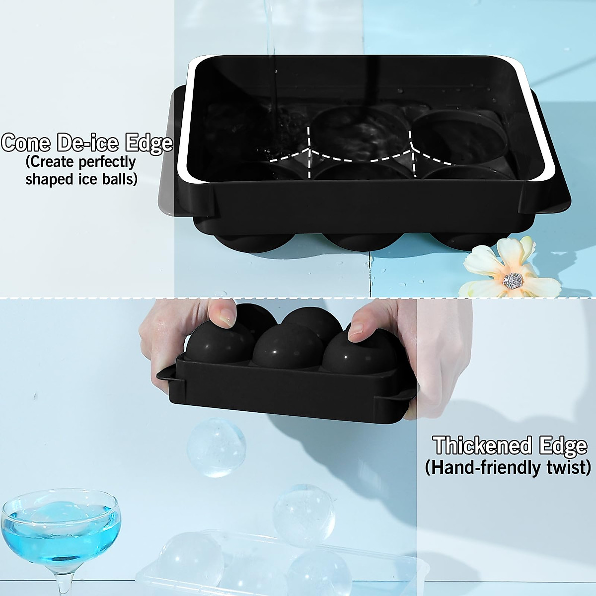 WIBIMEN Large Ice Cube Molds, Big Round Whiskey Ice Cube Trays for Freezer, Easy to Fill & Release, Whiskey Bourbon Cocktail(1.9In*6 Balls- Black/2 Pack)