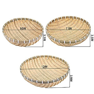 Cedilis 3 Pack Bamboo Basket Tray, Wicker Bread Basket, 100% Natural Handmade Woven Fruit Basket, U Shape Holder Flat Shallow Vegetables Serving Basket, Stackable, 10Inch, 11Inch, 12Inch