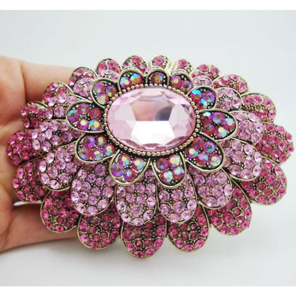 TTjewelry Sweet Pink 3 Layer Flower Austria Crystal Gold-Tone Large Brooch