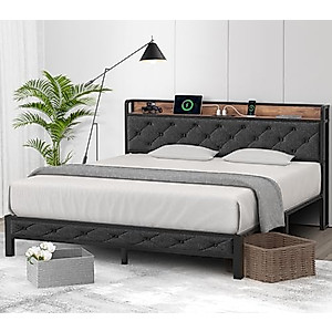 Winkalon Full Size Bed Frame with Headboard, Bed Frame with Charging Station, Metal Platform Bed Frame Full No Box Spring Needed, Modern Wood Upholstered Headboard and Under Bed Storage