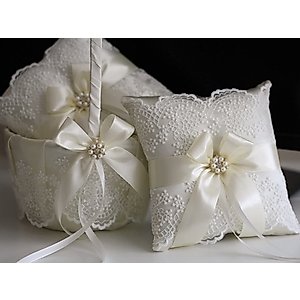 Flower Girl Basket and Ring Bearer Pillow Set, Flower Girl Baskets, Ivory Wedding Basket, Ivory Ring Pillow, Ringkissen, Lace Wedding Pillow (White, 1 Pillow)