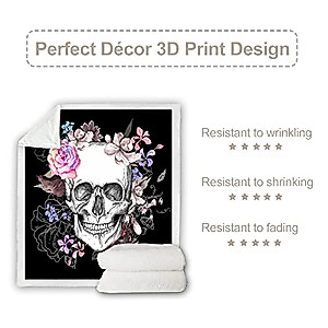 Sleepwish Sugar Skull Blanket Fleece Skull Throw Blanket Black Pink Skull Flower Rose Blanket for Women Girl Skull Fuzzy Sherpa Plush Blanket for Bed Couch Sofa Chair Office (50"x 60")