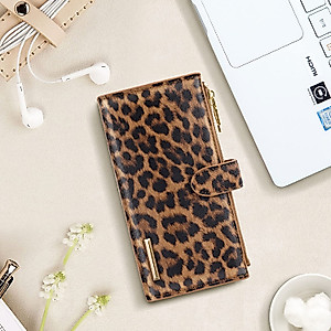 Coco Rossi Womens RFID Blocking Glitter Leather Multi Card Organizer Bifold Black Wallet with Zipper Pocket,Leopard