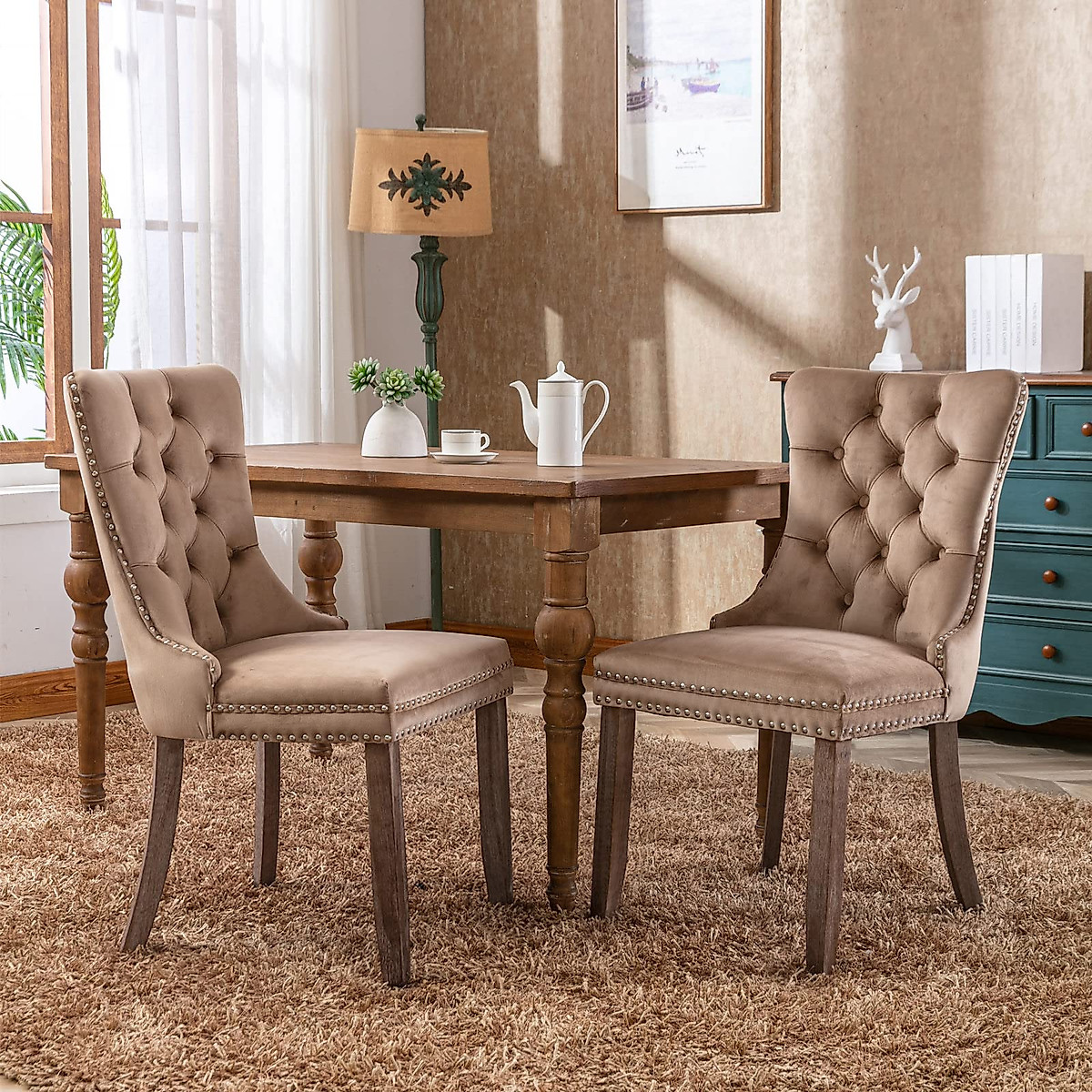 TUNGTAR High End Designer Dining Chair Set of 2,Parson's Chairs with Solid Wood Legs for Kitchen Dining Room Living Room Bedroom,Gray(Set of 2) (Khaki, SW2001KK)