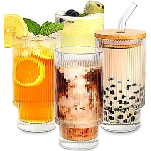 Rantonly 4Pack Ribbed Glass Cups 16oz with Bamboo Lids and Straws, Drinking Glasses Tumbler Cups-Reusable, Vintage Glass Cups, Elegant Ribbed Glassware for Beer Smoothie Whiskey