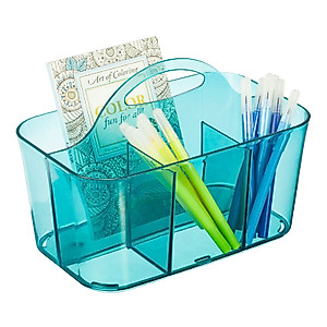 mDesign Plastic Portable Craft Storage Organizer Caddy Tote, Divided Basket Bin with Handle for Crafts, Sewing, Art Supplies - Holds Brushes, Colored Pencils - Lumiere Collection, Dark Aqua Blue Tint