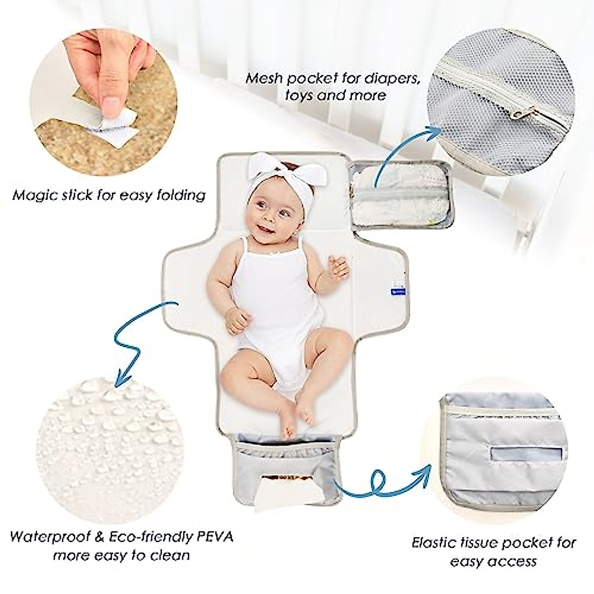 Beach Starfish Seashells Portable Baby Changing Pad Travel Diaper Changing Table Mat Foldable Waterproof Changing Station with Built-in Pillow for Girls Boys Newborn Essentials