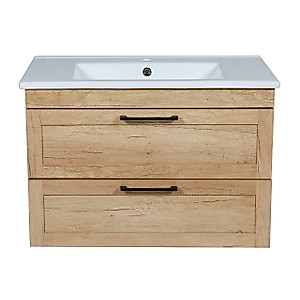 Modern Wall-Mounted Bathroom Vanity with Washbasin | Palm Beach Teak Natural Collection | Non-Toxic Fire-Resistant MDF-68 (34+34)-Omega Collection 40"
