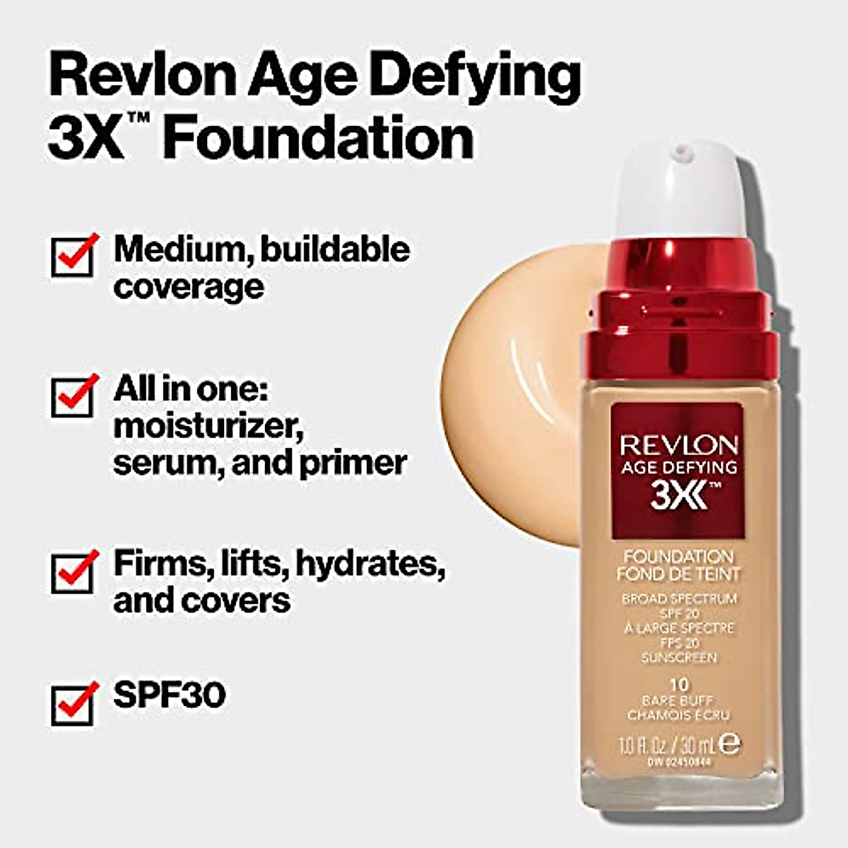 Liquid Foundation by Revlon, Age Defying 3XFace Makeup, Anti-Aging and Firming Formula, SPF 30, Longwear Medium Buildable Coverage with Natural Finish, 005 Fresh Ivory, 1 Fl Oz