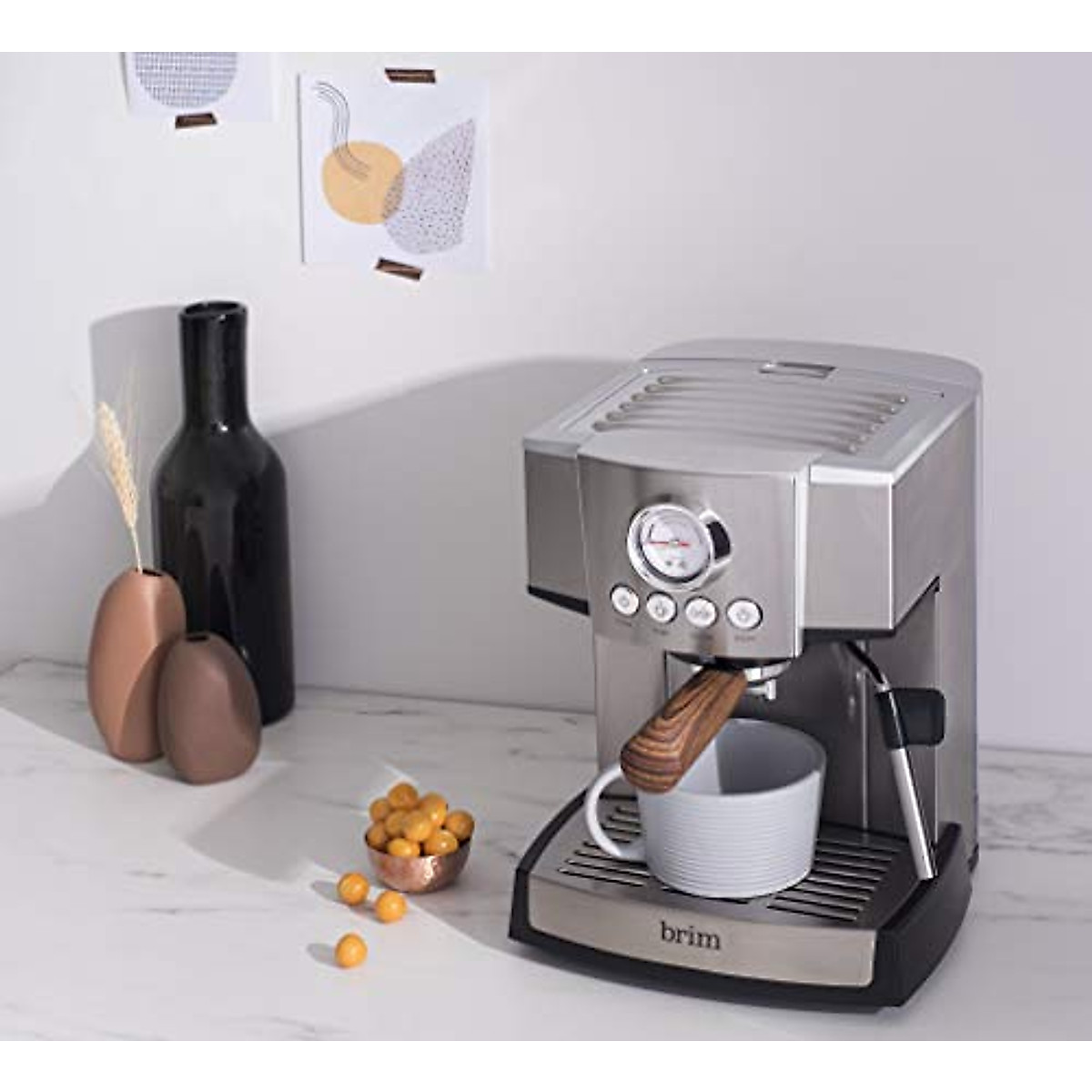brim 15 Bar Espresso Machine, Cappuccino, Americano, Latte and Espresso Maker, Milk Steamer and Frother, Removable Parts for Easy Cleaning, Stainless Steel/Wood Accents, wood finish handle (50030)