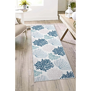 Coastal Runner Rug Beach Hallway Rugs Non-Slip Nautical Coral Machine Washable Rugs Modern Floor Carpet for Kitchen Bathroom Laundry Bedroom Living Room, 2x6