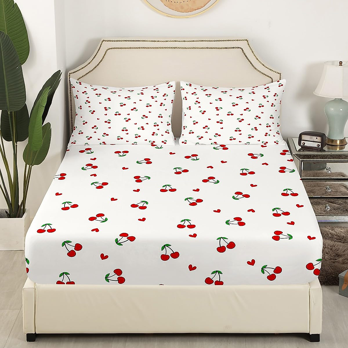 Feelyou Kids Red Cherry Fitted Sheet Twin Size, Cherry Pattern Bed Sheet Set Boys Girls Cute Fruit Bedding Set Kawaii Cartoon Fruit Teens Bed Cover Room Decor Lightweight Bed Set (No Flat Sheet)