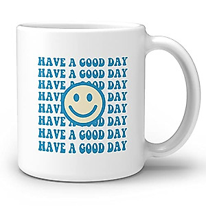 OGILRE Trendy Preppy Smiley Face Ceramic Double Side Printed Mug Cup,Inspirational Quote Have A Good Day Blue Preppy Coffee Milk Tea Mug Cup,Gifts For Teen Girls Teenage Girls - 11 oz