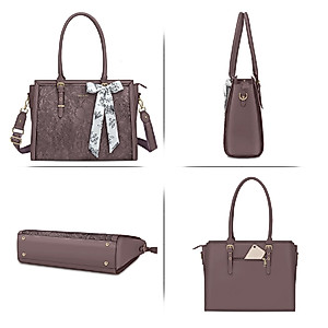 MOSISO Laptop Bag for Women, 15.6-16 inch PU Leather Tote Bag Compatible with MacBook, HP, Dell, Asus Notebook, Front Embossed Retro Hibiscus Computer Bag with Silk Scarf&Clutch Purse, Slate Purple