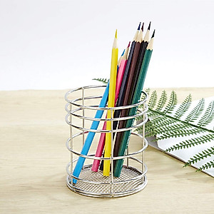 AUNMAS Desktop Pencil Holder, Stainless Steel Hollow Round Makeup Cup Basket Chopsticks Storage Stand Knife Forks Holder Organizer Container, Multifunctional Household Tool, Sliver