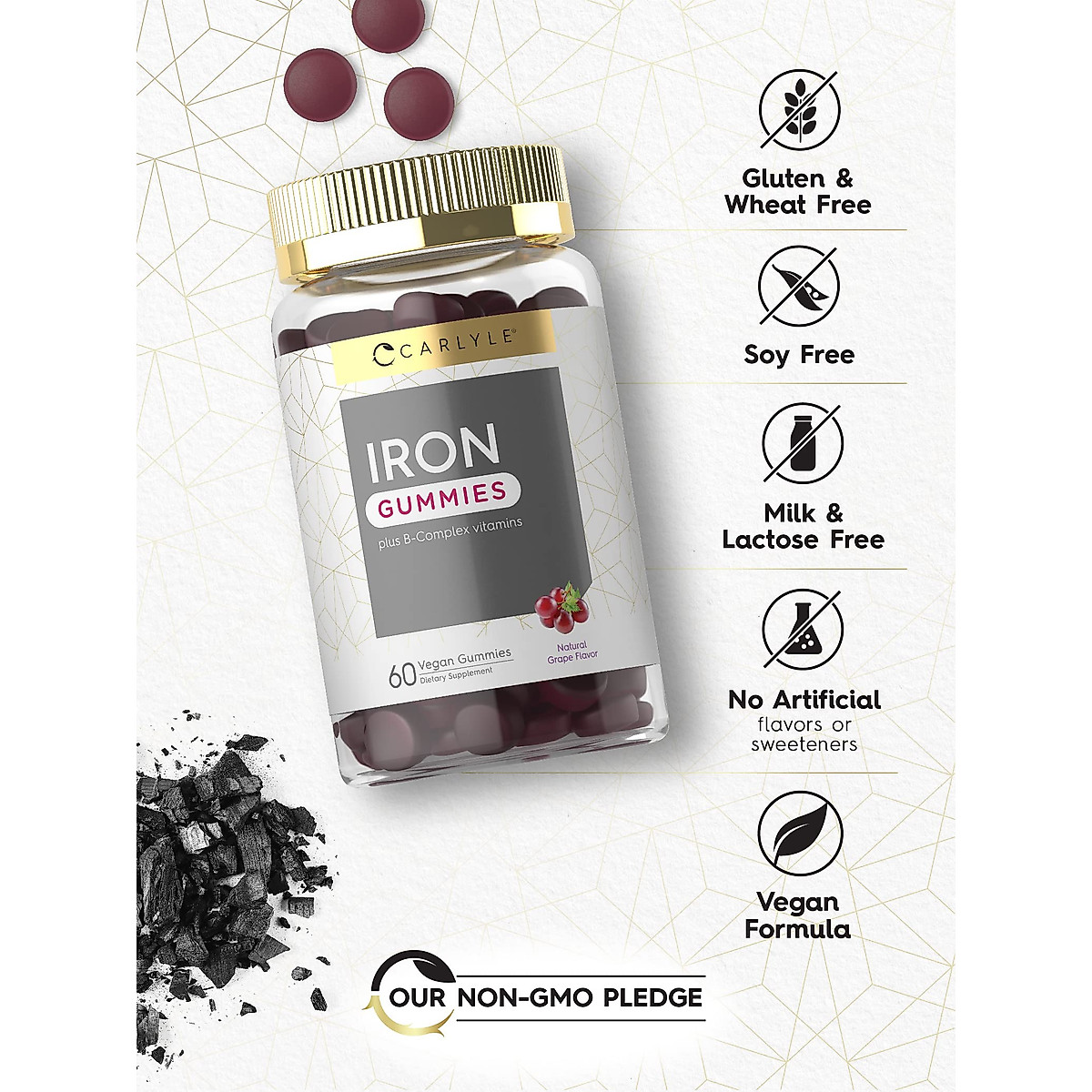 Carlyle Iron Gummies | Plus B-Complex Vitamins | 60 Vegan Gummies | Grape Flavor | Non-GMO, Gluten Free Supplement