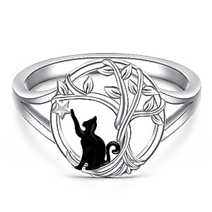 Black Cat Rings for Women Cat Ring Tree of Life Ring Cats Remembrance Black Cats Sterling Silver Family Animal Lovers Jewelry Size 8