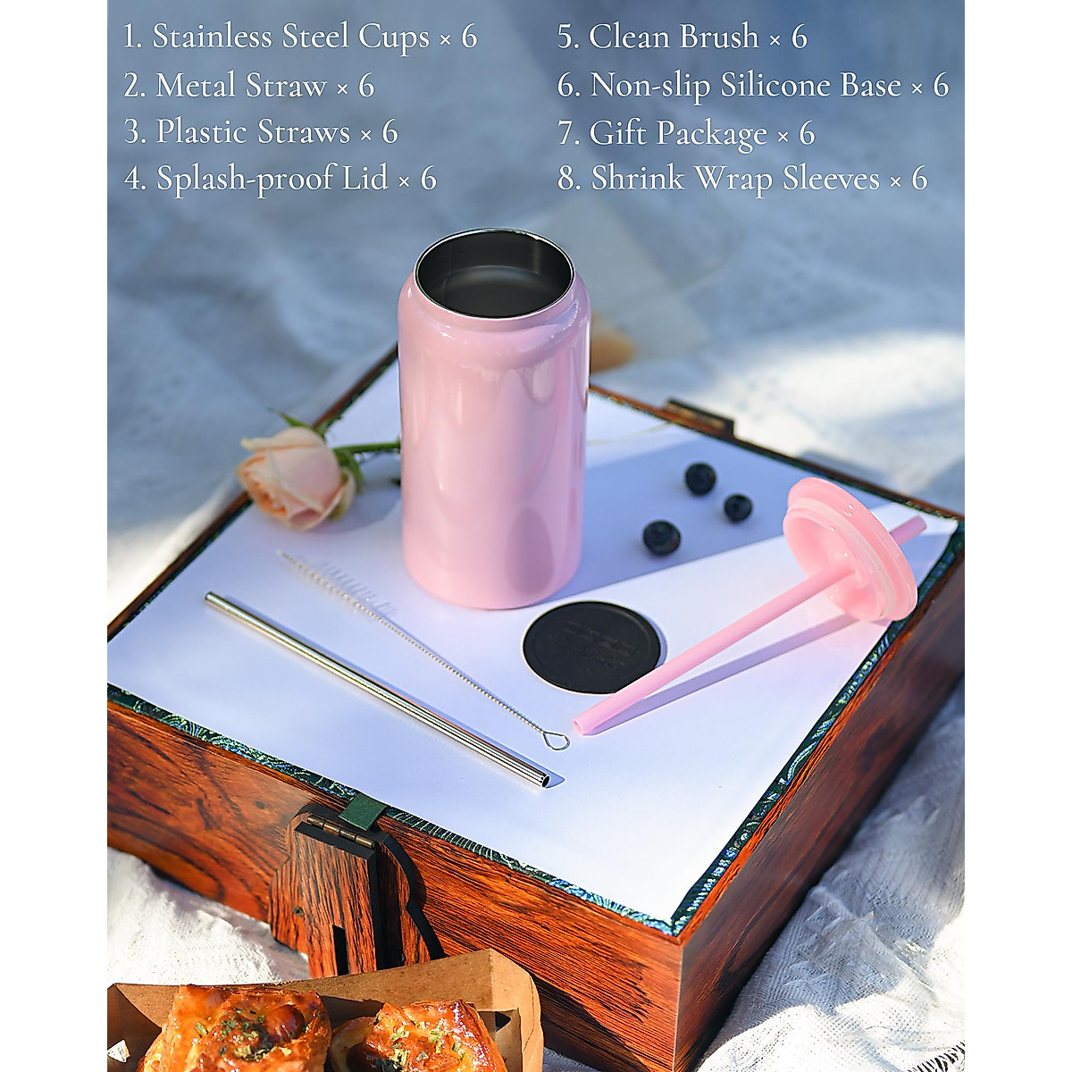 UIRZOTN 6 Pack Glass Cups with Lids and Straws, 16oz Stainless Steels Can Shaped Glass Cups, Beer Cups, Iced Coffee Cups, Smoothie Cup for Whiskey, Soda, Tea, Water, Sublimation Cups with Coaster