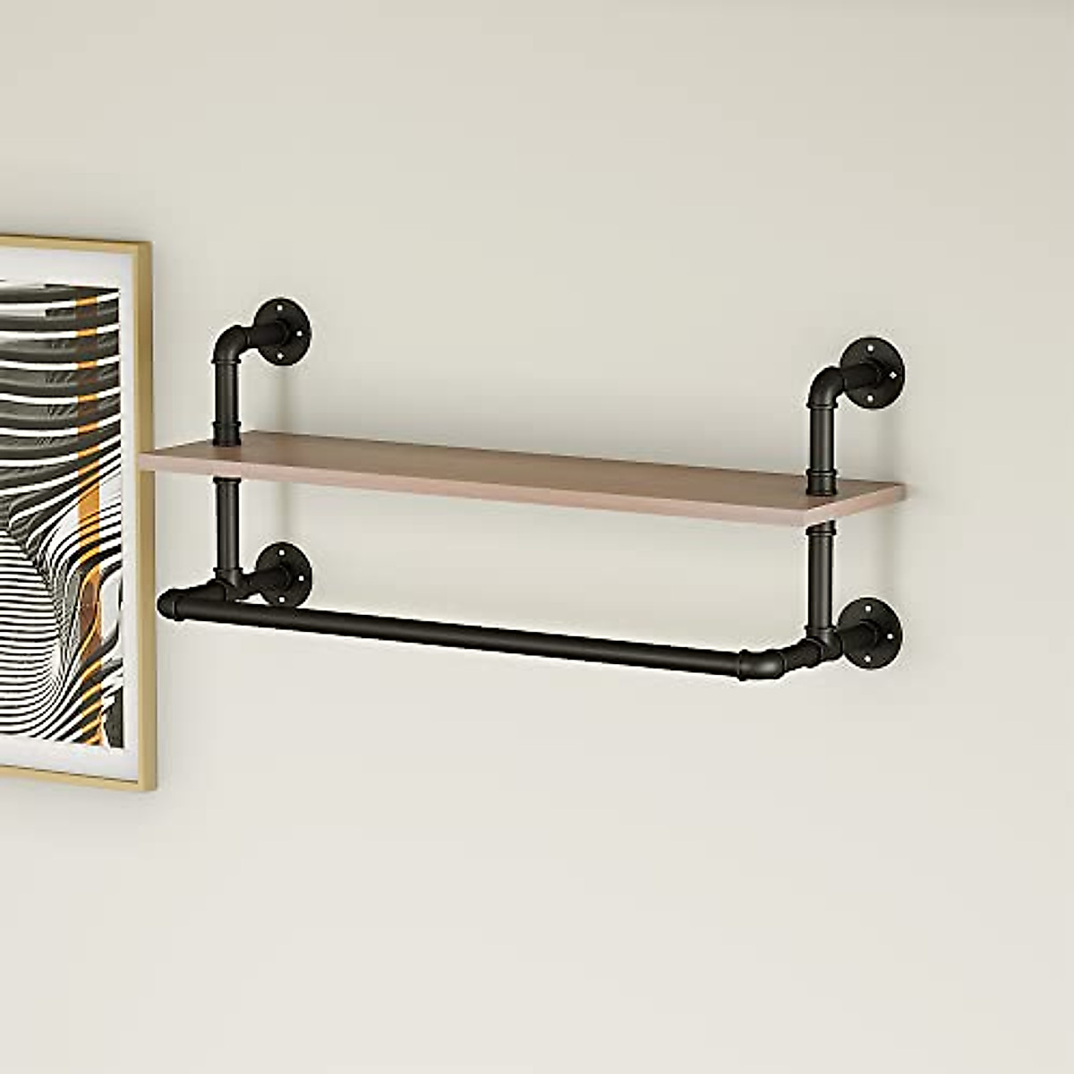 MAIKAILUN Wall Mounted Clothes Rack with Wood Shelf,36" Long Industrial Pipe Clothing Rack with Shelf Heavy Duty Iron Garment Rack Bar,Retail Display Clothes Rod for Clothes,Laundry Room,Black