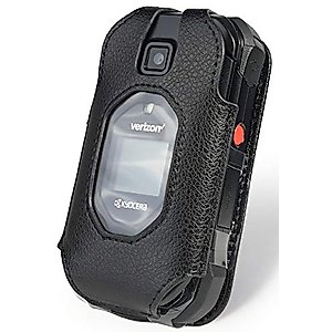 Nakedcellphone Fitted Series for Kyocera DuraXV Extreme, DuraXE Epic, DuraXA Equip Case, Black Vegan Leather Cover with [Built-in Screen Protection] and [Metal Belt Clip] for E4810/E4811/E4830/E4831