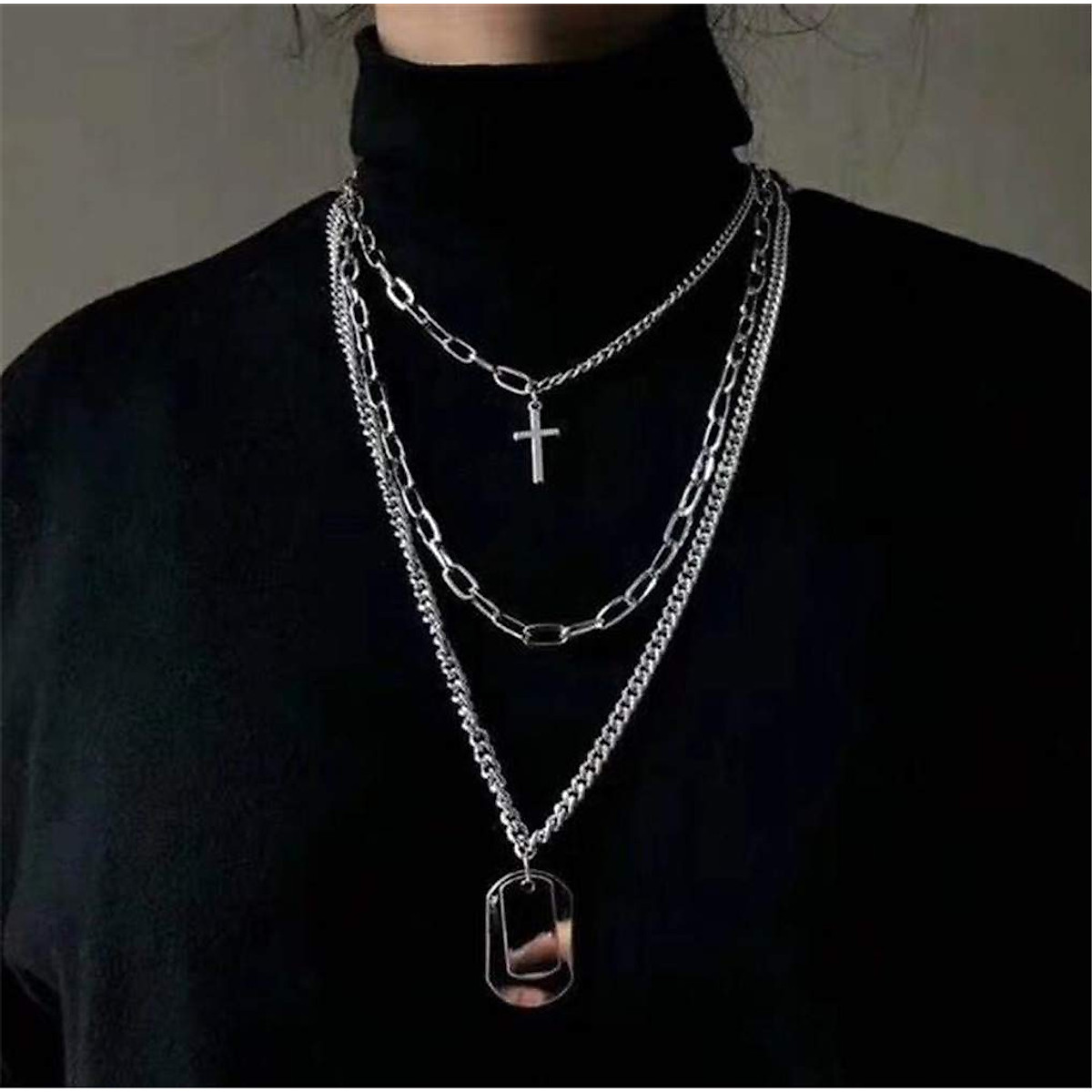 Gmhkonw Pendant Necklace Statement Long Chain Punk Multilayer Choker Necklace for Women Men