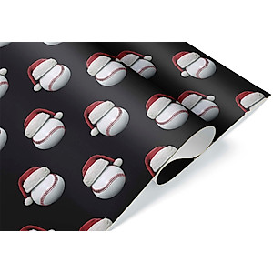 Cute Santa Hat Baseball Gift Wrap Thick Wrapping Paper Bball Themed Christmas Holiday Party Decoration (One 20 inch x 30 inch sheet)