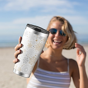 HAUSHOF 20oz Christmas Tumbler, Stainless Steel and Double Wall Insulated Travel Coffee Mug with Lid, Good Choice for Christsmas Gifts-White with Snowflakes