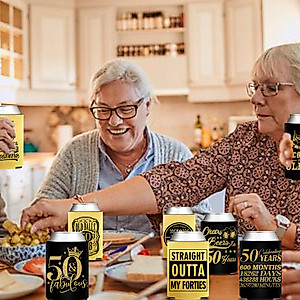 KARAQY 12 Pcs 50th Birthday Party Can Coolers - Black and Gold Cheers to 50 Years Can Sleeves, Happy 50th Birthday Decorations for Men Women 50th Birthday Party Supplies