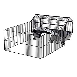 PawHut 2-Level Rolling Small Animal Playpen & Cage, Foldable Small Rabbit Fence, Guinea Pig House, Hedgehog Cage, Water Bottle, Water Bowl, Pet Exercise Pen, 35" L
