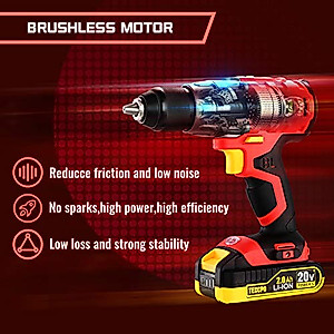 Cordless Drill Set, 20V Brushless Drill Driver, 2x 2.0Ah Li-ion Batteries, 530 In-lbs Torque, 1/2” All-metal Chuck, 21+1 Torque Settings, 0-1500RPM Variable Speed, 33pcs Accessories with Case