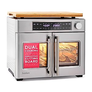 Dual Zone Air Fryer French Door Oven - 32 Qt Convection Toaster Combo - 10-in-1 Multifunction Up to 450° - 1800W - Temperature Control, Timer - Stainless Steel – Dehydrate, Broil, Bake, Roast, Ferment
