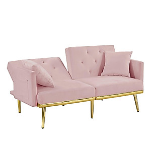 ROCKINGRUN 59'' Convertible Velvet Sofa Bed, Loveseat Sofa Bed with Metal Support Feet, Modern Comfy Loveseat Couch, Adjustable Backrest, Stylish Tufted Sofa Bed for Living Room, Bedroom (Pink)