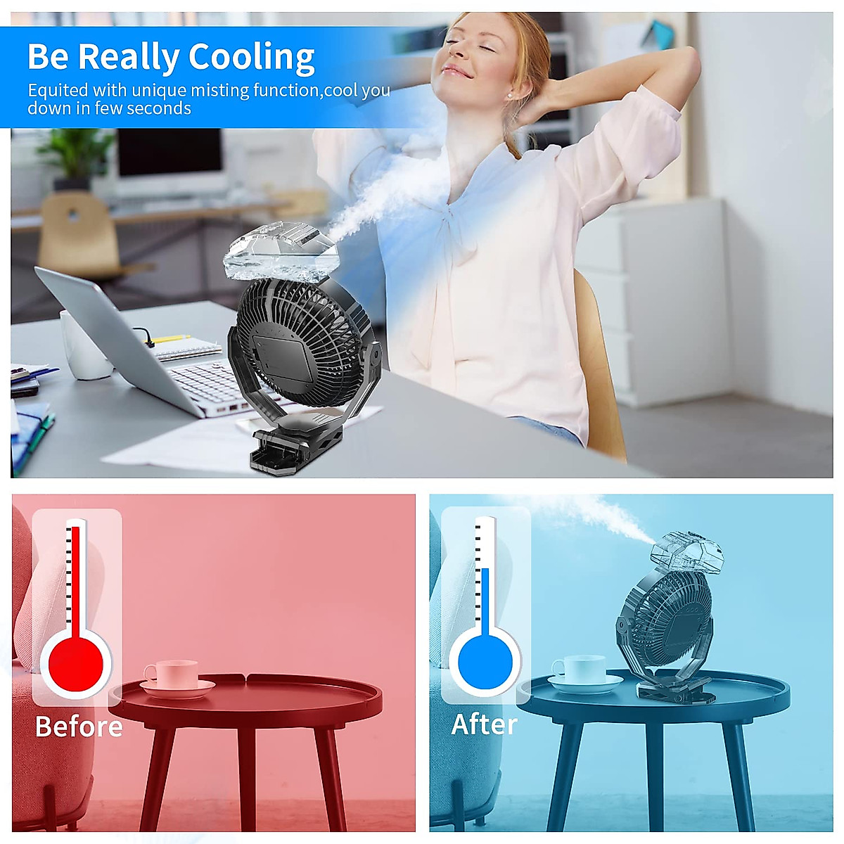 10000mAh Misting Fan Portable with Detachable Water Tank 400ml, 8 Inch Powerful Cool Mist Clip Fan, Battery Operated Rechargeable Fan, 2 Mister Modes, Sleep Timer, LED Lights, for Golf Cart, Outdoors