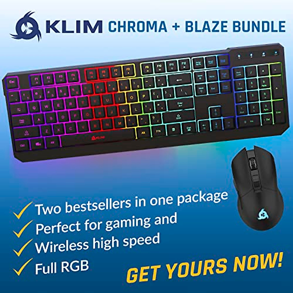 KLIM Blaze & Chroma Wireless Bundle - New 2023 - Wireless Gaming Keyboard and Mouse Combo - Responsive Durable Ergonomic - Backlit Keyboard - RGB Gaming Mouse Wireless - Long-Lasting Built-in Battery