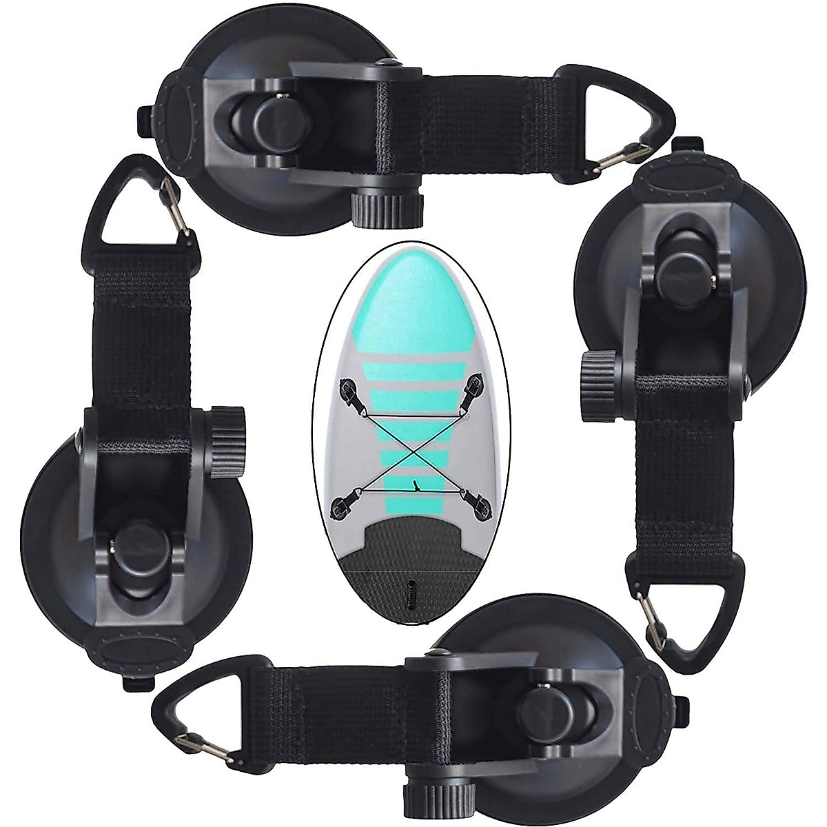 Pmsanzay 4 Pack, Heavy Duty Suction Cup Hooks Anchor with Straps, Strong Suction Cup Tie Downs - Double Suction, for PVC Inflatable Boat Raft Dinghy Kayak SUP
