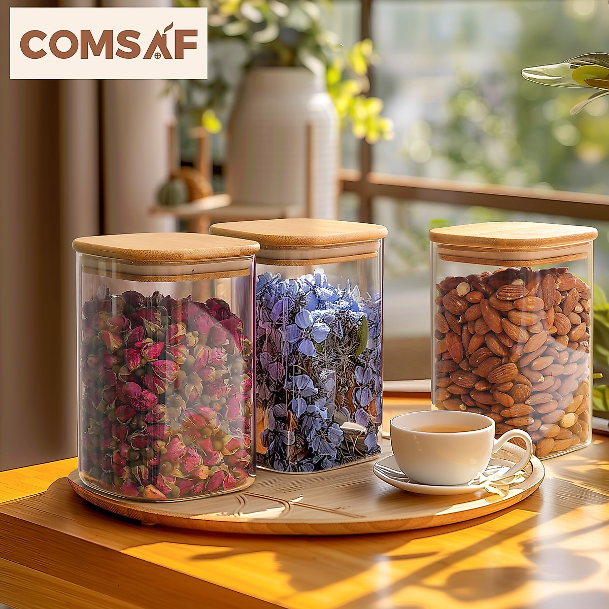 ComSaf 37 oz Glass Storage Containers with Lids, Glass Jars with Lids, Clear Food Jar, Square Canister Set of 6, Pantry Organizers and Storage for Cookie Flour Oat Pasta Tea Coffee Bean
