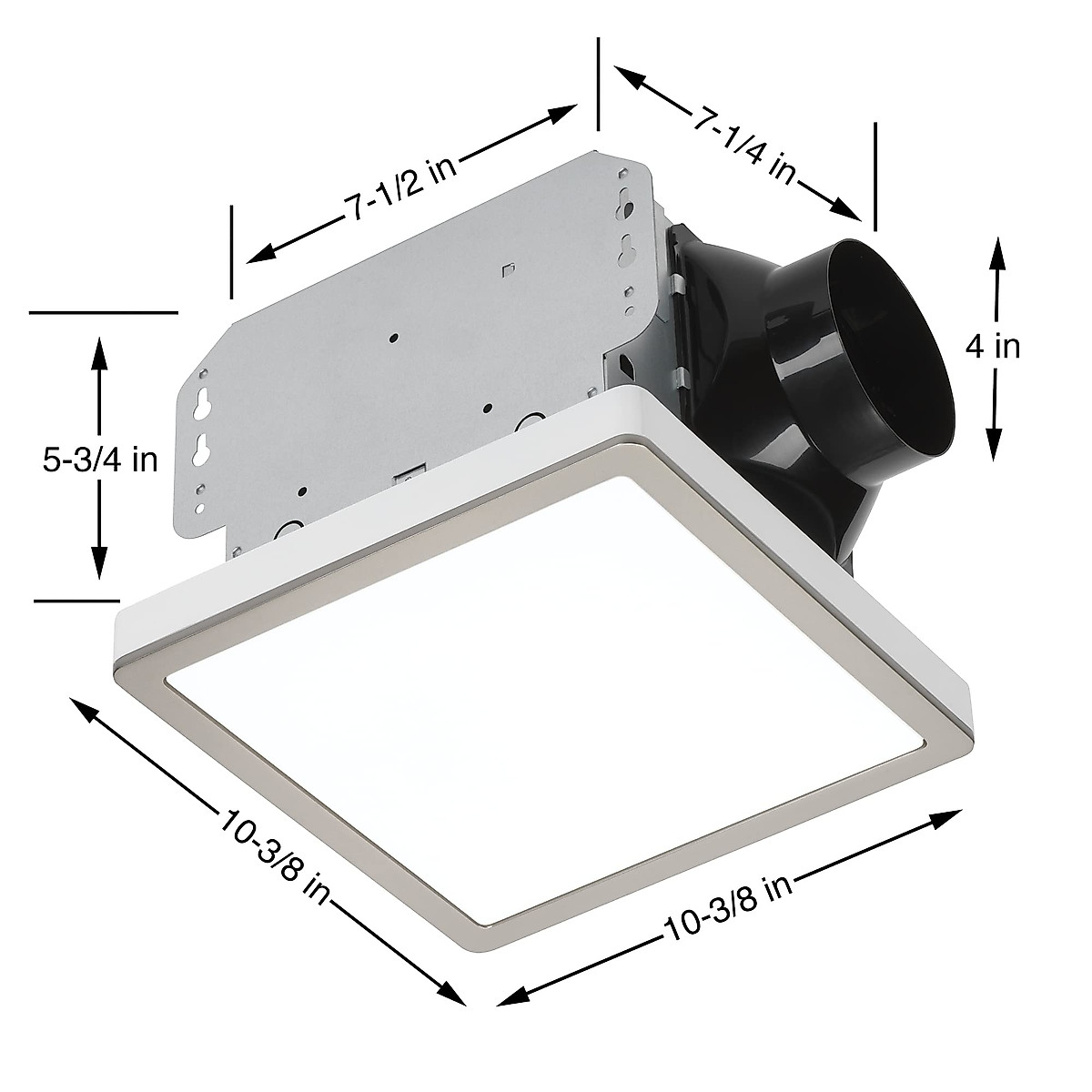 Homewerks 7105-10 Bathroom Fan Integrated LED Light Ceiling Mount Exhaust Ventilation Ultra Quiet 1.0 Sones 70 CFM, Decorative Brushed Nickel Magnetic Trim