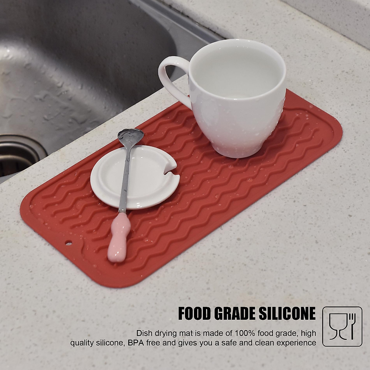 Silicone Dish Drying Mat, Non-Slip Easy Clean Sink Mat Large Heat-resistant Dish Drainer Mat for Kitchen Counter, Sink, Refrigerator or Drawer liner (12" x 6", RED)