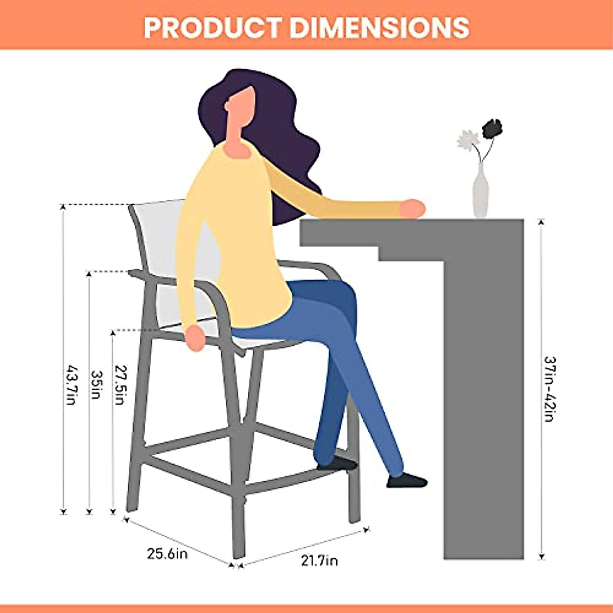 Pellebant Aluminum Outdoor Bar Stool Set of 2, Patio Counter Height Stools & Bar Chairs All-Weather for Backyard, Pool, Garden, Deck,Brown Frame, 27.5'' Seat Height,270 lb Capacity-Navy Blue