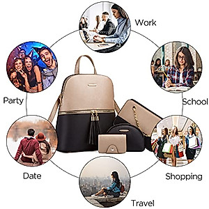 Backpack Purses for Women Mini Backpack Purse for Girls Teen Fashion Backpack 4 PCS Leather Rucksack for Ladies Shoulder Bags Black