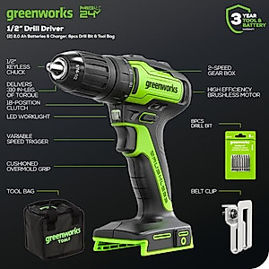 Greenworks 24V Brushless Cordless Drill Kit, 310 in./lbs, 18+1 Position Clutch, 1/2 '' Keyless Chuck, Variable Speed, (2)2Ah Batteries with 2A Charger, LED Light, 8pcs Drill Bits with Tool Bag
