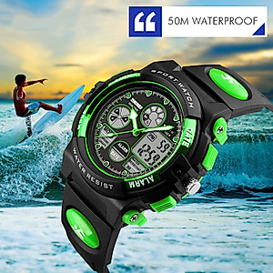 Kid's Digital Watch LED Outdoor Sports 50M Waterproof Watches Boys Children's Analog Quartz Wristwatch with Alarm - Green