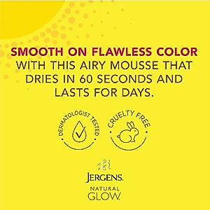 Jergens Natural Glow Instant Sun Body Mousse, Self Tanner for Light Bronze Tan, Sunless Tanning Body Bronzer, Fake Tan for Fair to Medium Skin, 6 Ounce