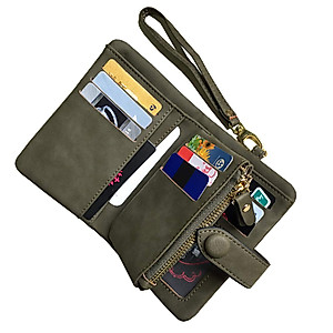 Ladies Wallet RFID Blocking Women Leather Wristlet, Army Green, Size Medium