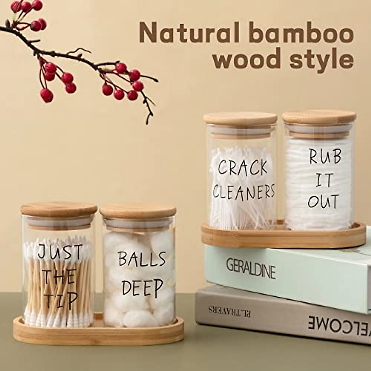 6 Pieces Apothecary Jars with Lids Cotton Swab Holder Bathroom Decor Glass Jars with Bamboo Tray for Cotton Ball Holder Bamboo Vanity Tray Bathroom Canisters for Bathroom Storage Organizer