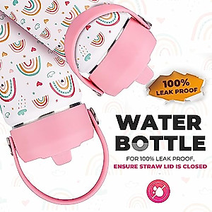 Charcy 12 oz Insulated Water Bottle for Kids, Portable Sports Water Cup Flask with Handle, Travel Thermos Mug, Pink adjustable lid - White Rainbow